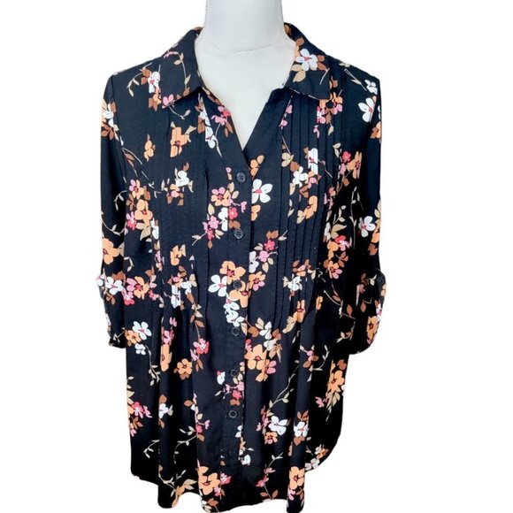 Woman Within | Tops | Woman Within Long Tab Sleeve Black Floral Blouse ...